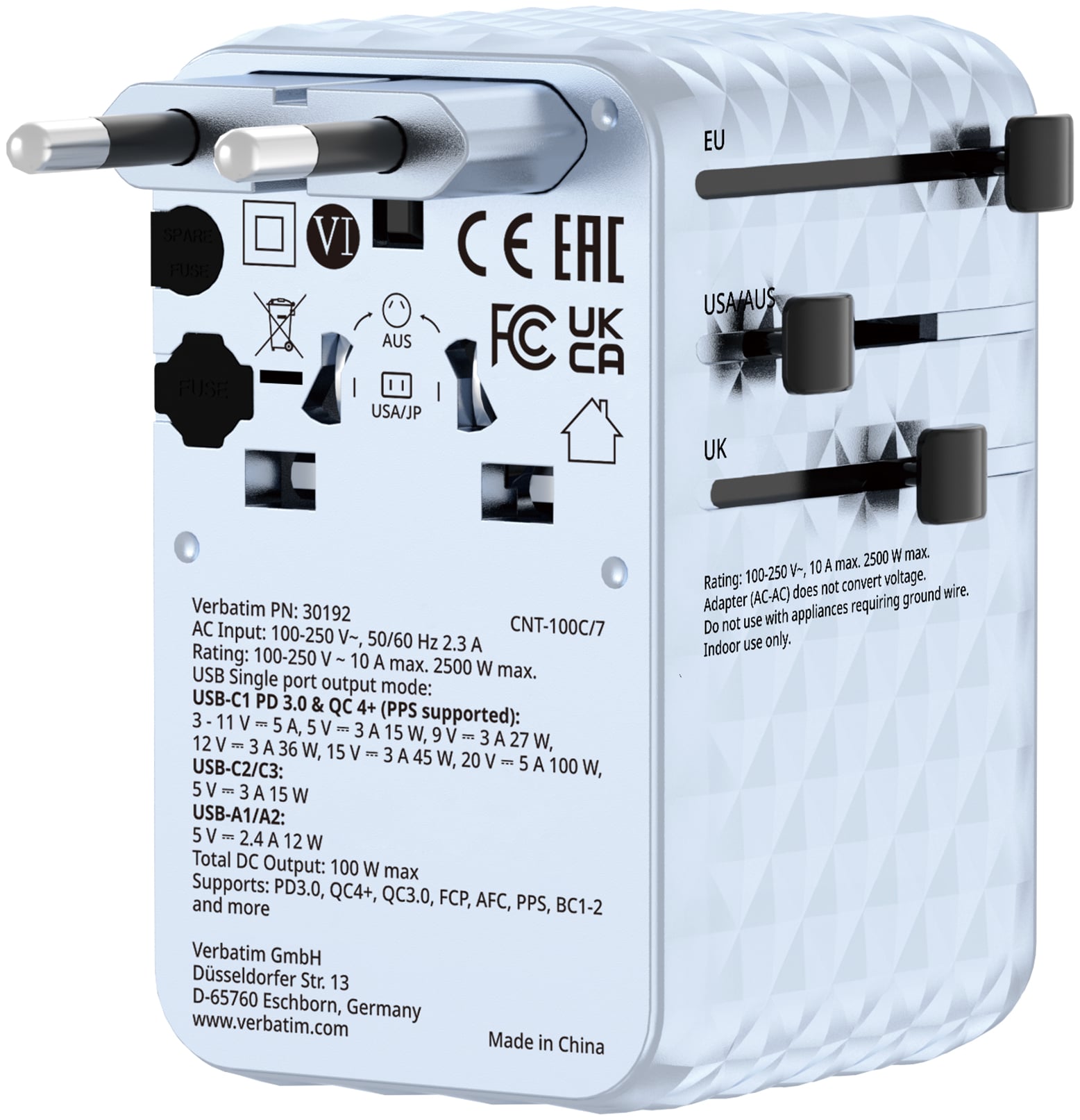 VERBATIM 100W Univ. Travel Adapter Retractable Cable Blue, endast 556 kr